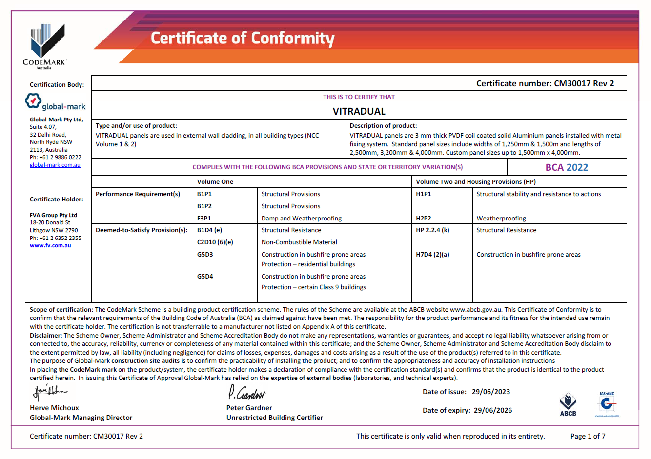 Vitradual Certificate of Conformity